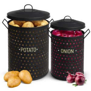 kitchlab set of 2 potato and onion storage bin - matte black finish and galvanized kitchen storage bins - 10 x 12 potato keeper storage container - 8.94" onion storage box for kitchen counter & more