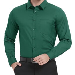 MAGCOMSEN Men's Dress Shirts Long Sleeve Button Up Shirt with Pocket Fitted Formal Business Wear Solid Cotton Fashion Shirts Dark Green, L