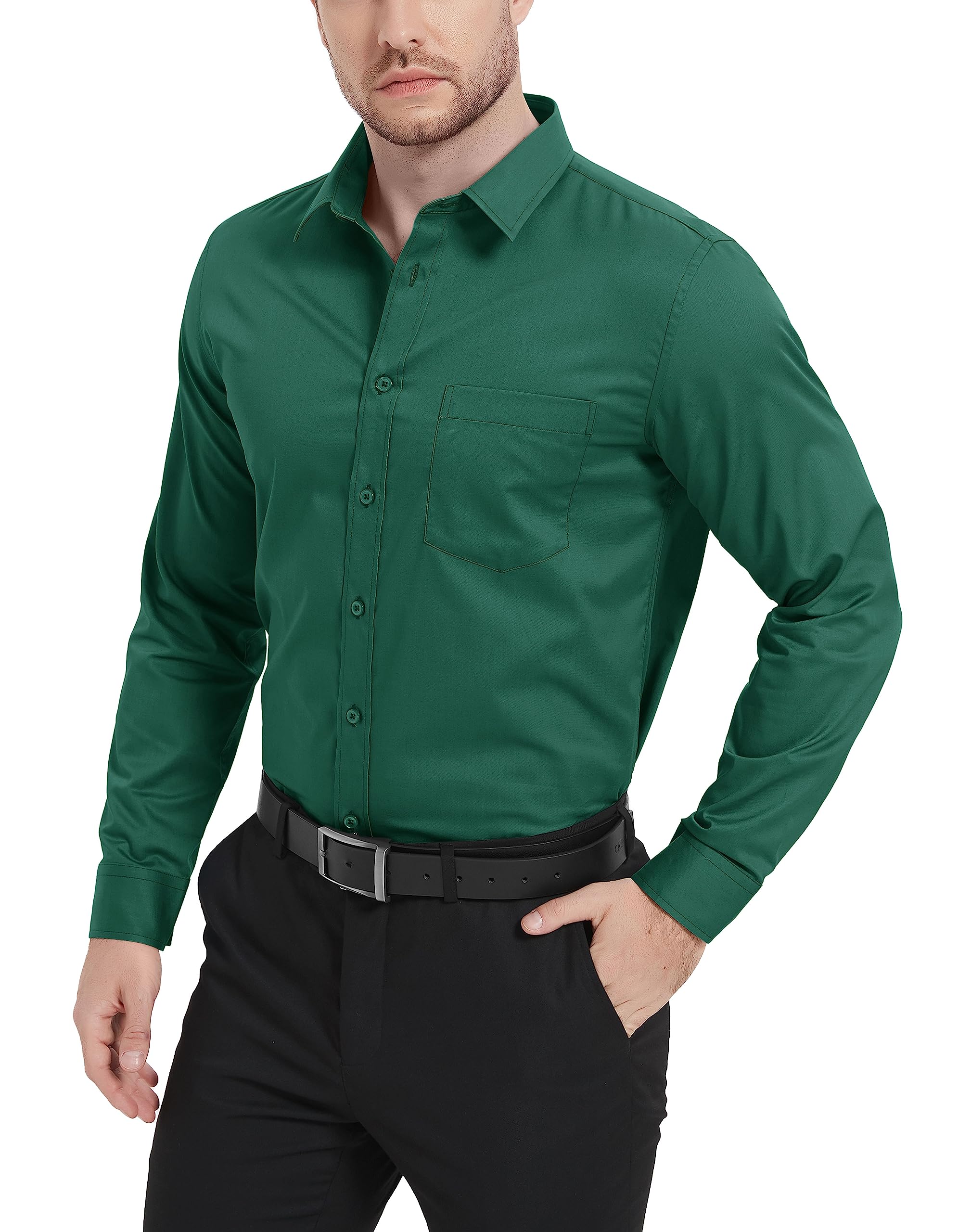 MAGCOMSEN Men's Dress Shirts Long Sleeve Button Up Shirt with Pocket Fitted Formal Business Wear Solid Cotton Fashion Shirts Dark Green, L