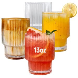 ribbed glassware set of 4, 13oz clear-short origami style drinking glass cup, iced coffee, cocktail, beer, juice drinking glasses