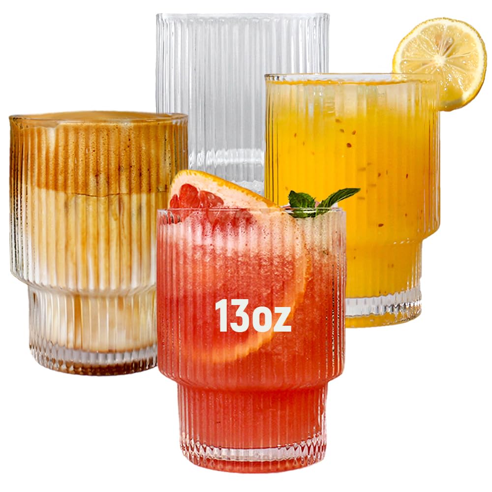 Ribbed Glassware Set of 4, 13oz Clear-Short Origami Style Drinking Glass Cup, Iced Coffee, Cocktail, Beer, Juice Drinking Glasses