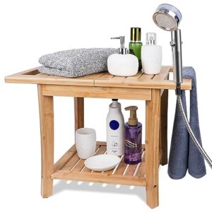 purbambo bamboo shower bench for inside shower shaving legs, waterproof bathroom shower stool with storage shelf, shower head holder, bath towel holder, safe & stable for the elder, the disabled