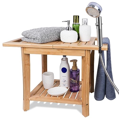 Purbambo Bamboo Shower Bench for Inside Shower Shaving Legs, Waterproof Bathroom Shower Stool with Storage Shelf, Shower Head Holder, Bath Towel Holder, Safe & Stable for The Elder, The Disabled