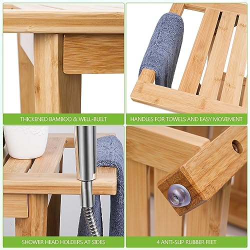 Purbambo Bamboo Shower Bench for Inside Shower Shaving Legs, Waterproof Bathroom Shower Stool with Storage Shelf, Shower Head Holder, Bath Towel Holder, Safe & Stable for The Elder, The Disabled