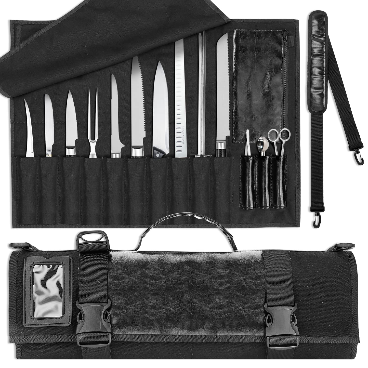 SWISSELITE Chef Knife Roll Bag, Heavy Duty Canvas & Leather Chef Knife Bag, 10 Slots for Knives with Detachable Storage Bag