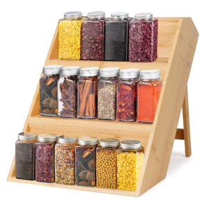 churika bamboo spice rack organizer for cabinet, foldable 3-tier spice shelf, wooden spice rack seasoning organizer for countertop, kitchen drawer