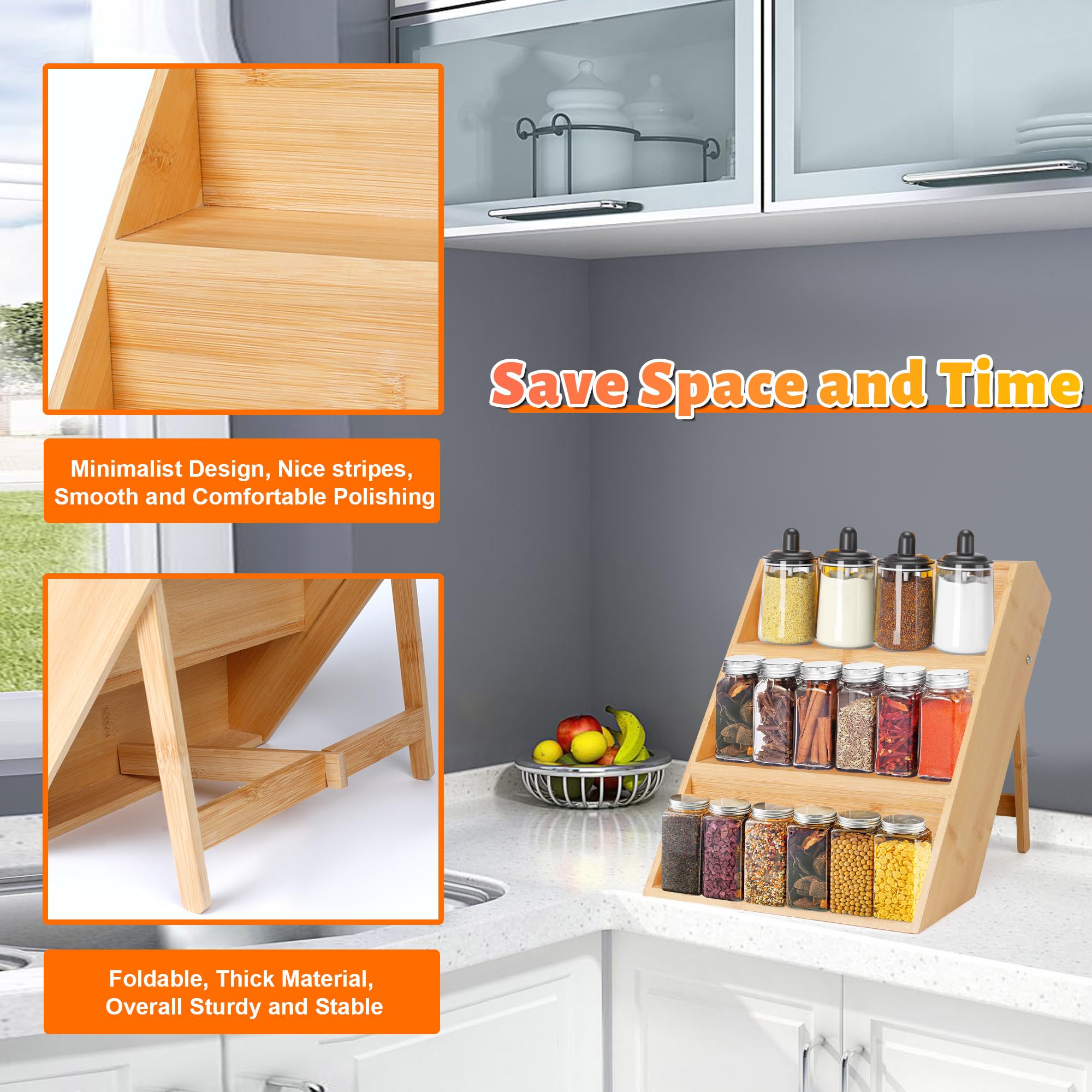 Churika Bamboo Spice Rack Organizer for Cabinet, Foldable 3-Tier Spice Shelf, Wooden Spice Rack Seasoning Organizer for Countertop, Kitchen Drawer