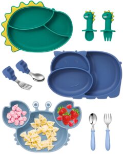 maxdot 9 pcs baby silicone plates with suction divided placemat dish with spoon fork set toddler plates baby plates and utensils set kids self feeding training supplies, dinosaurs, crab, hippo