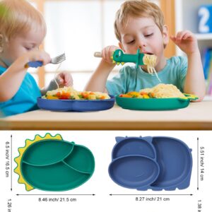 Maxdot 9 Pcs Baby Silicone Plates with Suction Divided Placemat Dish with Spoon Fork Set Toddler Plates Baby Plates and Utensils Set Kids Self Feeding Training Supplies, Dinosaurs, Crab, Hippo