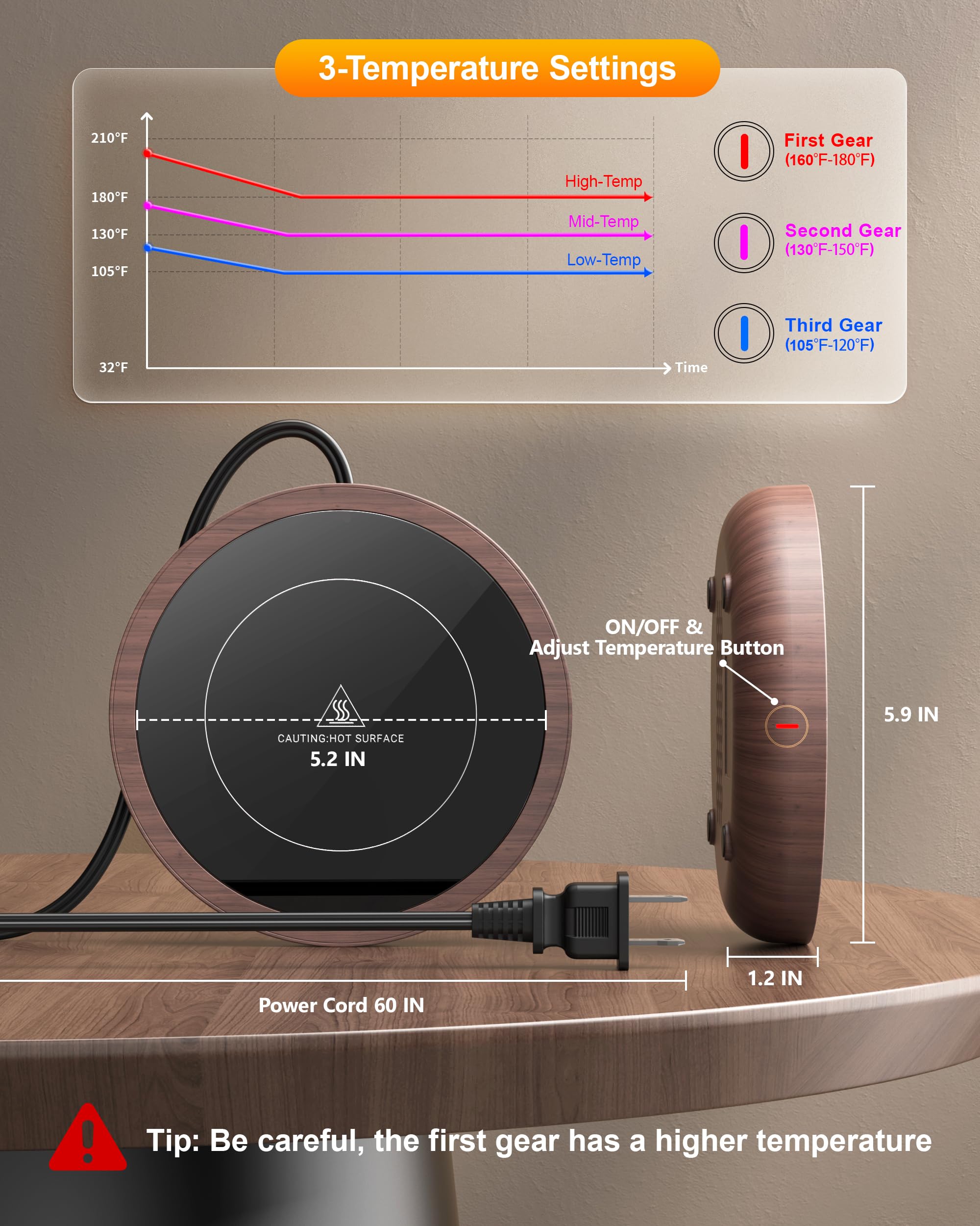 SWEETFULL Coffee Mug Warmer, 36W Electric Coffee Cup Warmer for Desk with 3-Temp Settings Advanced Temperature-Controlled Beverage Warmers Heating Plate for Coffee, Milk, Tea, Candle Wax - Wood