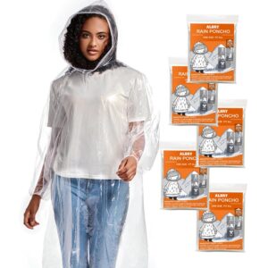 albry disposable rain ponchos for adults with drawstring hood - emergency rain ponchos family pack for women and men,clear