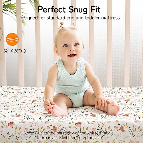 besrey 2 Packs Crib Sheets Fitted for Baby Boy and Girl, with a Storage Bag, Jersey Knit Cotton Baby Crib Sheet for Standard Crib Mattress & Toddler Bed Mattress(Flower Style)