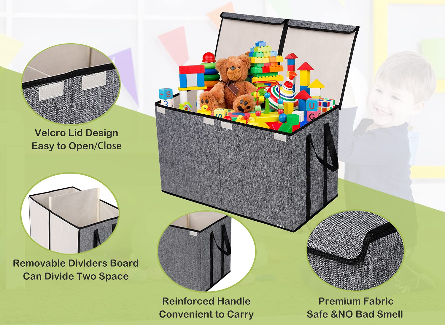 YOLOXO 2 Pack Large Kids Toy Box Chest Storage Organizer with Flip-Top Lid Dark Grey+Thin Grey