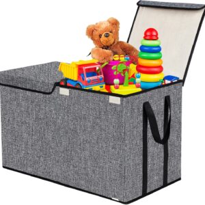 YOLOXO 2 Pack Large Kids Toy Box Chest Storage Organizer with Flip-Top Lid Dark Grey+Thin Grey