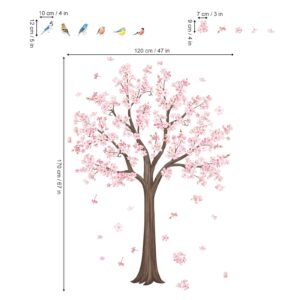 decalmile Large Pink Blossom Tree Wall Decals Flower Birds Branch Wall Stickers Living Room Bedroom Baby Nursery Wall Decor（H:128cm/50 Inches）