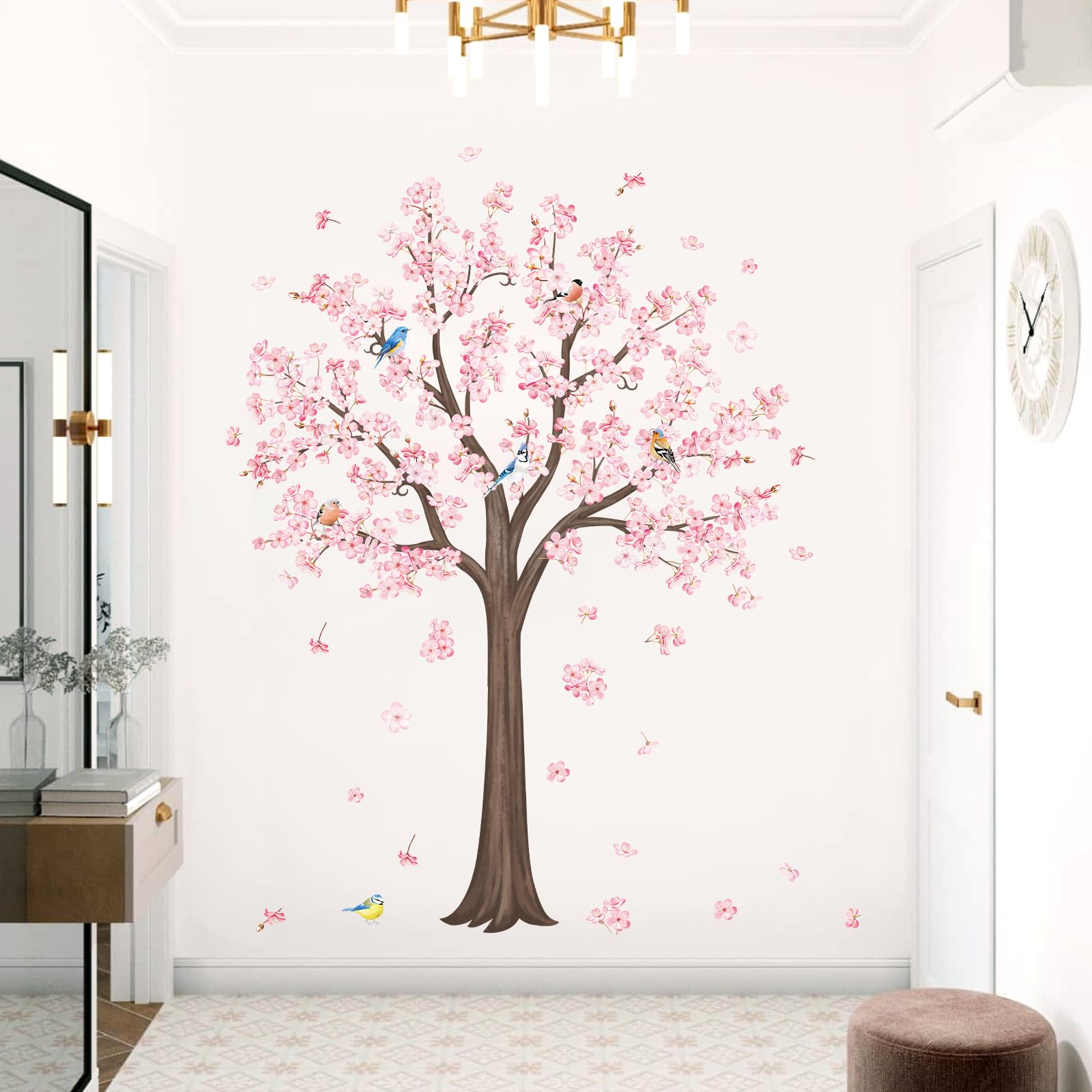 decalmile Large Pink Blossom Tree Wall Decals Flower Birds Branch Wall Stickers Living Room Bedroom Baby Nursery Wall Decor（H:128cm/50 Inches）