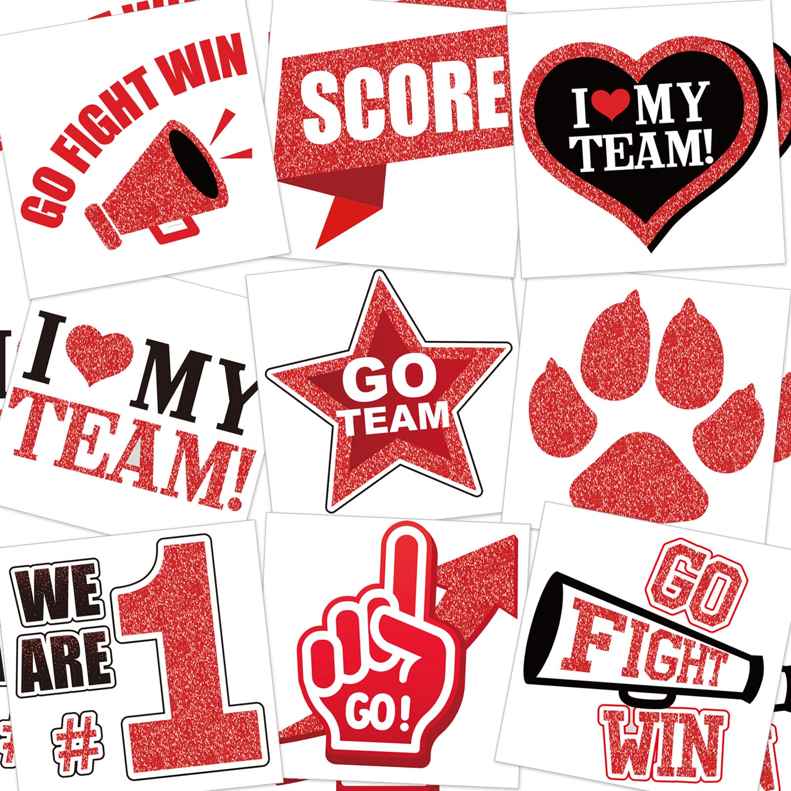 Colarr 180 Pcs Team Spirit Temporary Tattoo 2", 1.5" Face Body Paw Go Team Cheer Tattoo Removable Glitter School Spirit Stickers for Classroom Cheerleading Teams Carnival Sports Games (Red, Black)