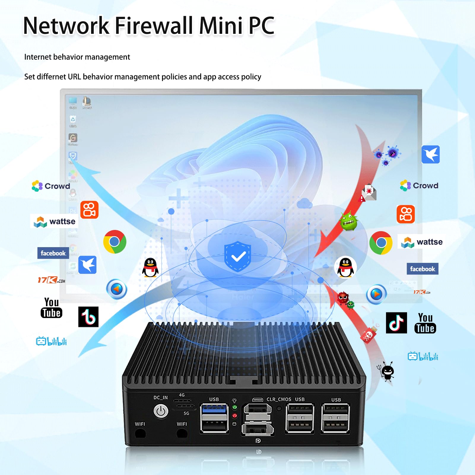 KingnovyPC Firewall Micro Appliance, 4 Port i226 2.5GbE LAN Fanless Mini PC N100, 1* DDR5, HDMI, DP, RJ45 COM, 4*USB Gigabit Ethernet AES-NI VPN Router Openwrt Barebone