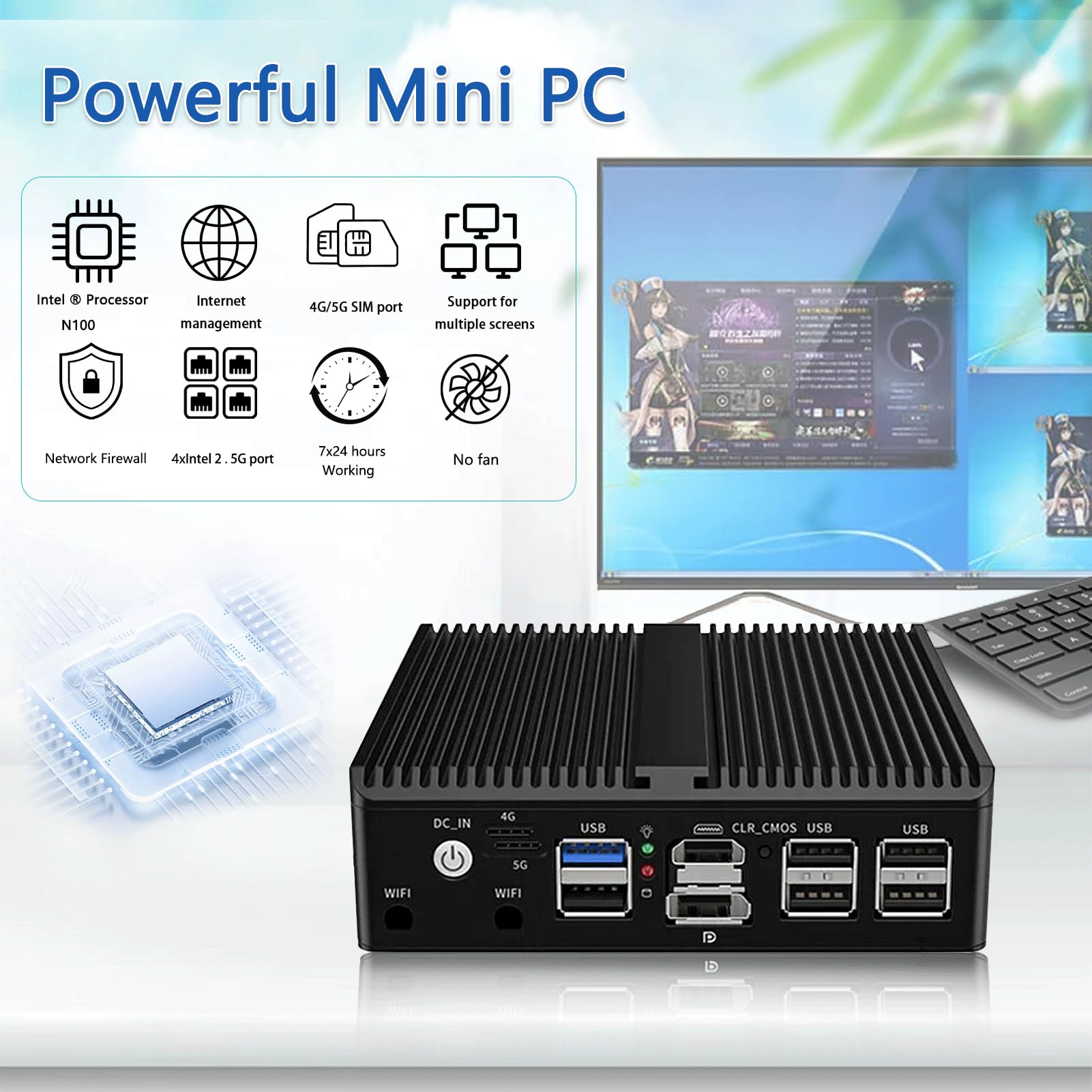 KingnovyPC Firewall Micro Appliance, 4 Port i226 2.5GbE LAN Fanless Mini PC N100, 1* DDR5, HDMI, DP, RJ45 COM, 4*USB Gigabit Ethernet AES-NI VPN Router Openwrt Barebone