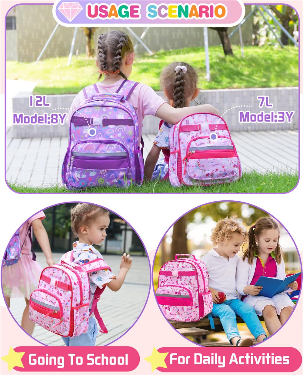 LYNXCHER Toddler Girl Backpack Preschool Kindergarten Kids Backpack Bookbag Elementary School Girls Gifts Small Toddler Backpcak 5 6 Stocking Stuffers for Kids Girls (Pink Unicorn,12L for 5-8 Years)