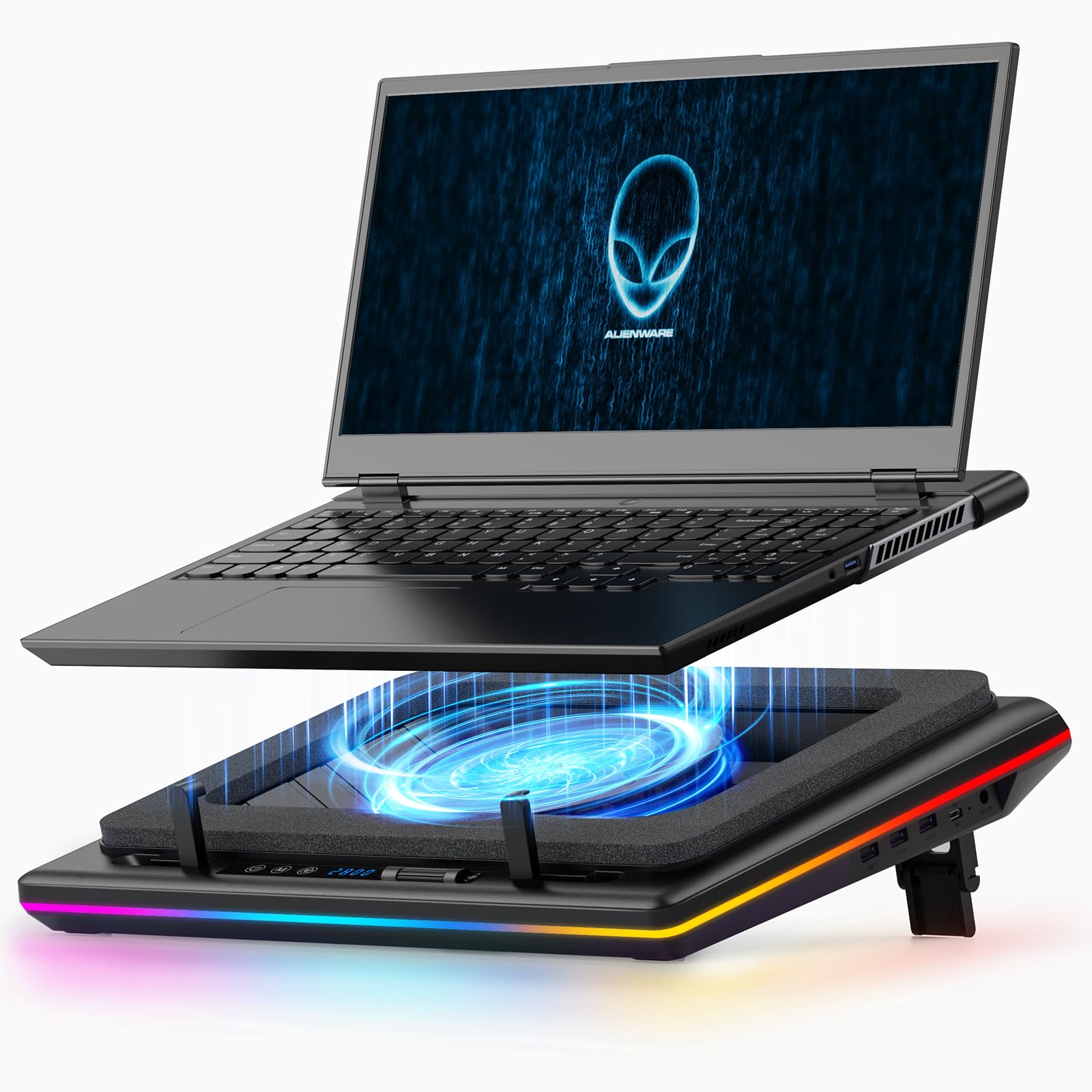 llano RGB Laptop Cooling Pad with Powerful Turbofan, Gaming Laptop Cooler with Infinitely Variable Speed,Touch Control,LCD Screen,Seal Foam for Rapid Cooling Laptop15-19in