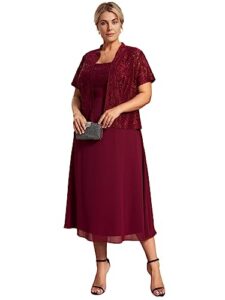 ever-pretty plus women's curve square neck lace cardigan chiffon knee length plus size evening dress burgundy us22