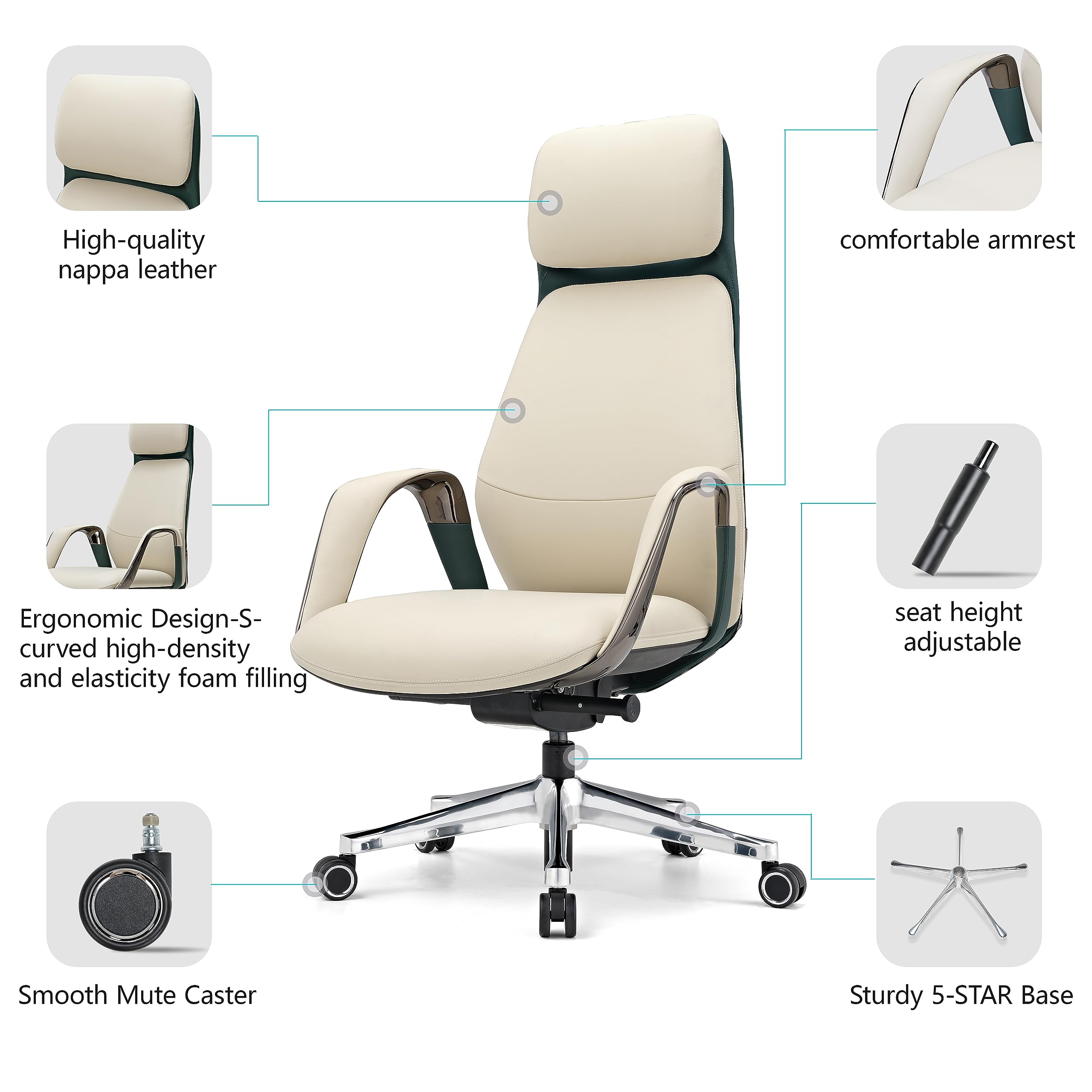 EUREKA ERGONOMIC Genuine Leather Office Chair Ergonomic Executive Chair, Modern Office Chair Home Office Desk Chairs with Wheels, Luxury Office Chair High Back Office Chair with Arms & Aluminum Base