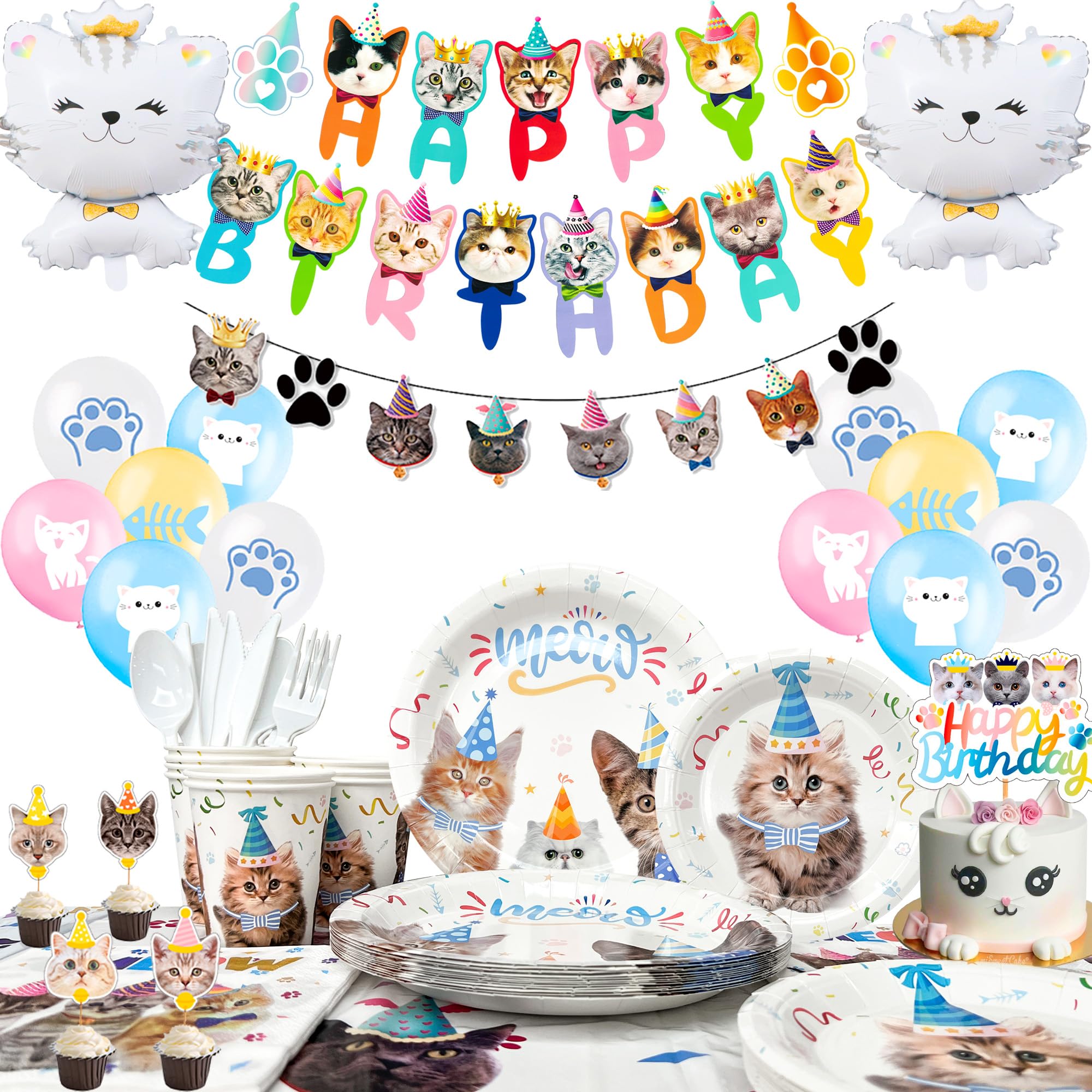 Cat Birthday Party Supplies,167pcs Cat Birthday Decorations&Cat Theme Tableware Set-Cat Party Plates Napkins etc Cat Themed Birthday Party Supplies