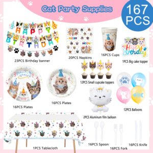 Cat Birthday Party Supplies,167pcs Cat Birthday Decorations&Cat Theme Tableware Set-Cat Party Plates Napkins etc Cat Themed Birthday Party Supplies