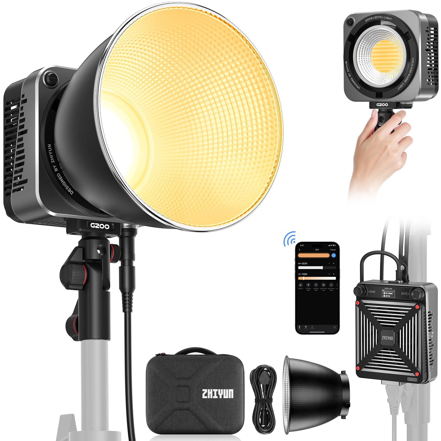 ZHIYUN Molus G200 200W COB Video Light with Bowens Mount,2700K-6500K and ZY Vega APP Control,Ultra Quiet DynaVort Cooling System