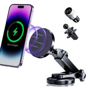 eazpower magsafe car mount charger, wireless car charger compatible with iphone 15/14/13/12 pro max, magsafe case, magnetic car phone holder mount fast charging for dashboard/air vent/windshield