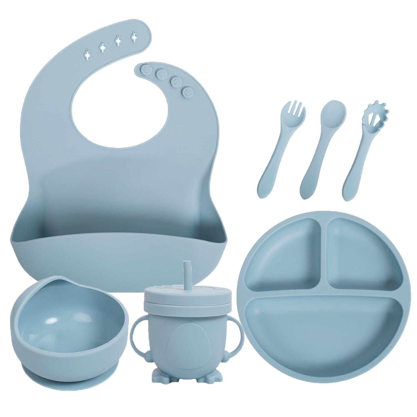 Suction Plates for Baby Set, 7 Pack CUAIBB Toddler Silicone Divided Plate and Bowl Set, with Water Cup Spoon Fork Pasta Spoon, Baby Led Weaning Supplies - Suction Cup Plates for Babies (Light Blue)