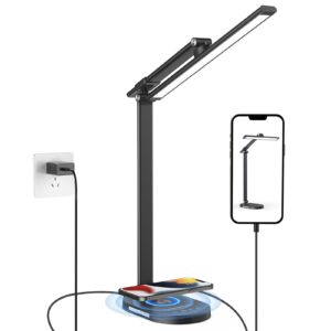 xrey led desk lamp with wireless charger, usb charging port, desk lamp touch control dimmable with 5 color modes & 5 brightness, eye caring desk lamp, 2 night lights (black)