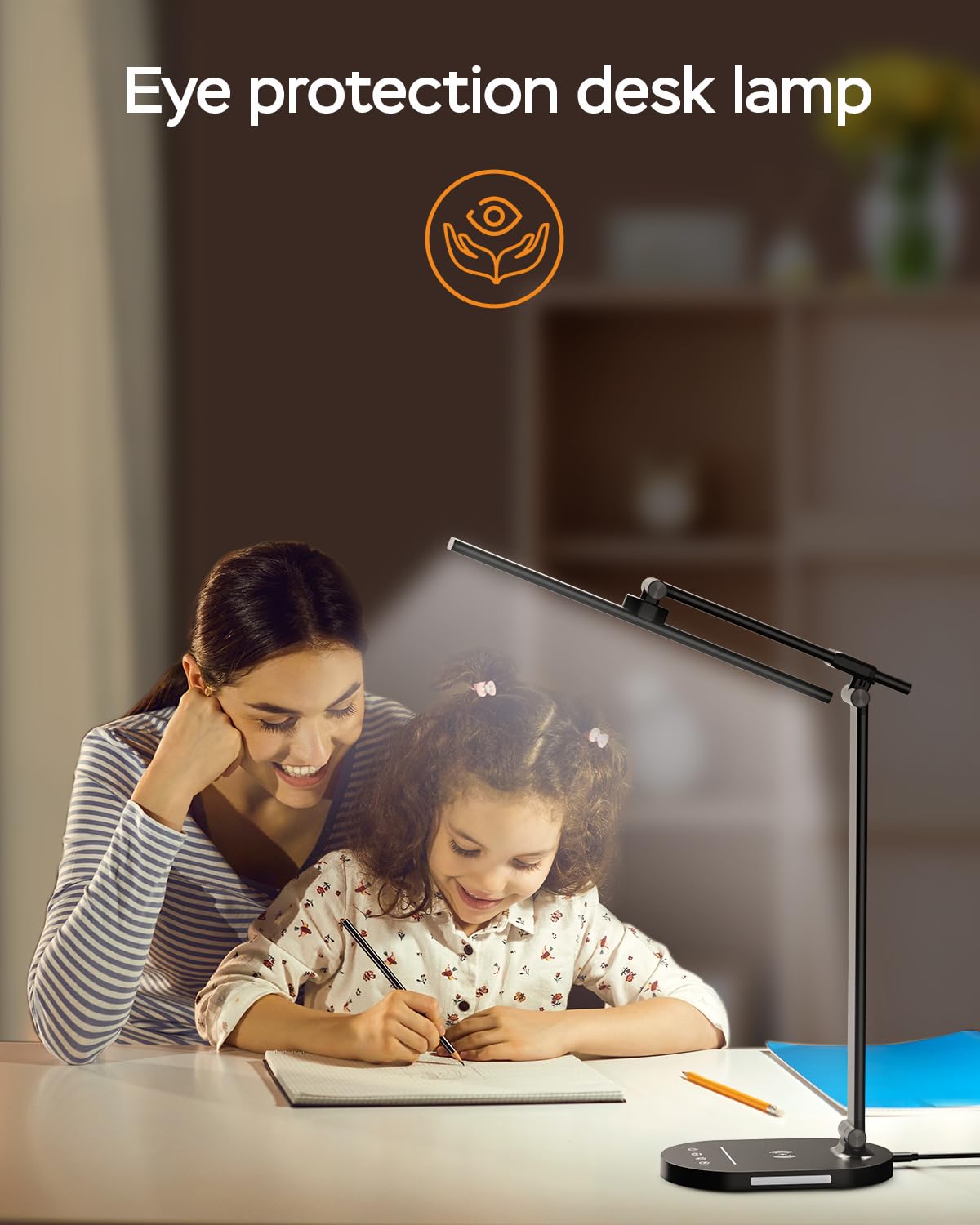 XREY LED Desk Lamp with Wireless Charger, USB Charging Port, Desk Lamp Touch Control Dimmable with 5 Color Modes & 5 Brightness, Eye Caring Desk Lamp, 2 Night Lights (Black)