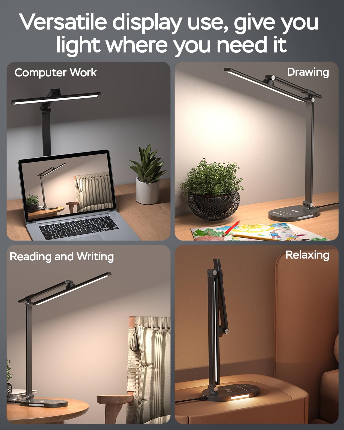 XREY LED Desk Lamp with Wireless Charger, USB Charging Port, Desk Lamp Touch Control Dimmable with 5 Color Modes & 5 Brightness, Eye Caring Desk Lamp, 2 Night Lights (Black)