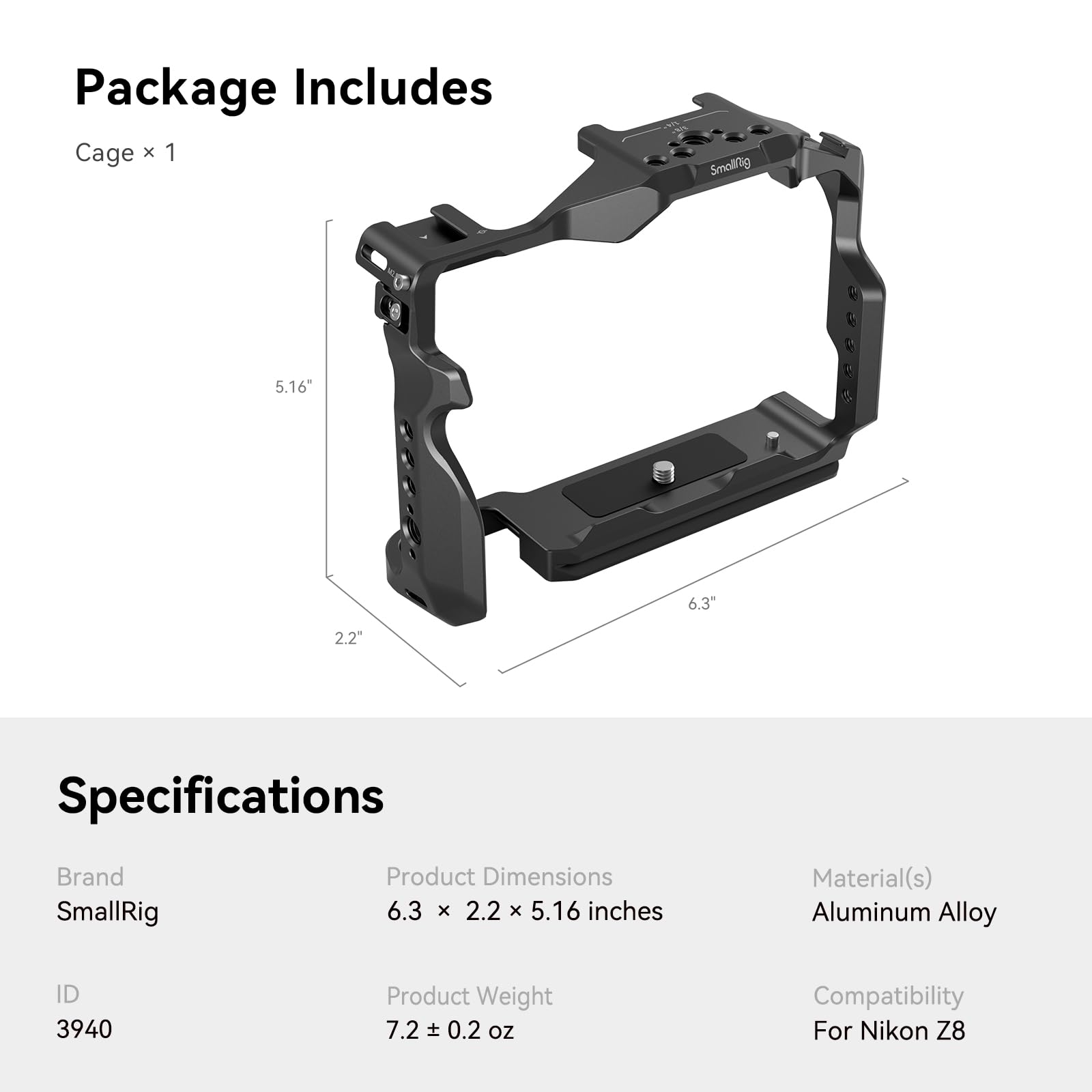 SmallRig Z 8 Camera Cage for Nikon Z 8, Anti-Twist Design and Aluminum Alloy Full Camera Cage, with Quick Release Plate for Arca-Swiss for Bird Shooting, Sports Shooting, Commercial Filming 3940