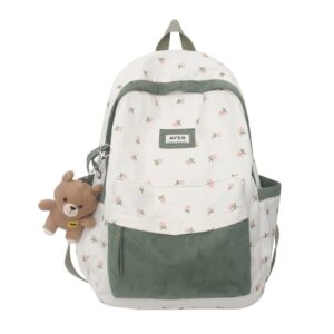 mininai cute preppy backpack with pendant floral printed patchwork backpack cottagecore aesthetic bag kawaii laptop backpack (one size,sage green)