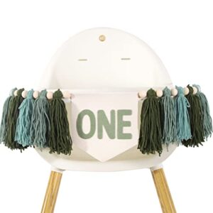 greenery 1st birthday high chair banner,nature 1st birthday highchair banner , one birthday high chair banner , tassel bunting , wooden tassel garland (greenery 1st birthday banner green)