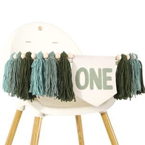 Greenery 1st Birthday High Chair Banner,Nature 1st Birthday Highchair Banner , One Birthday High Chair Banner , Tassel Bunting , Wooden Tassel Garland (Greenery 1st Birthday Banner Green)