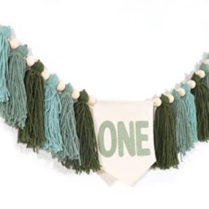 Greenery 1st Birthday High Chair Banner,Nature 1st Birthday Highchair Banner , One Birthday High Chair Banner , Tassel Bunting , Wooden Tassel Garland (Greenery 1st Birthday Banner Green)