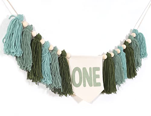 Greenery 1st Birthday High Chair Banner,Nature 1st Birthday Highchair Banner , One Birthday High Chair Banner , Tassel Bunting , Wooden Tassel Garland (Greenery 1st Birthday Banner Green)