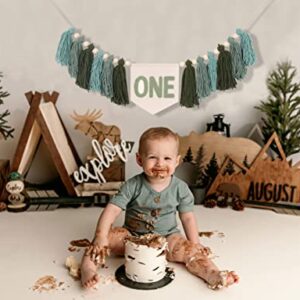 Greenery 1st Birthday High Chair Banner,Nature 1st Birthday Highchair Banner , One Birthday High Chair Banner , Tassel Bunting , Wooden Tassel Garland (Greenery 1st Birthday Banner Green)