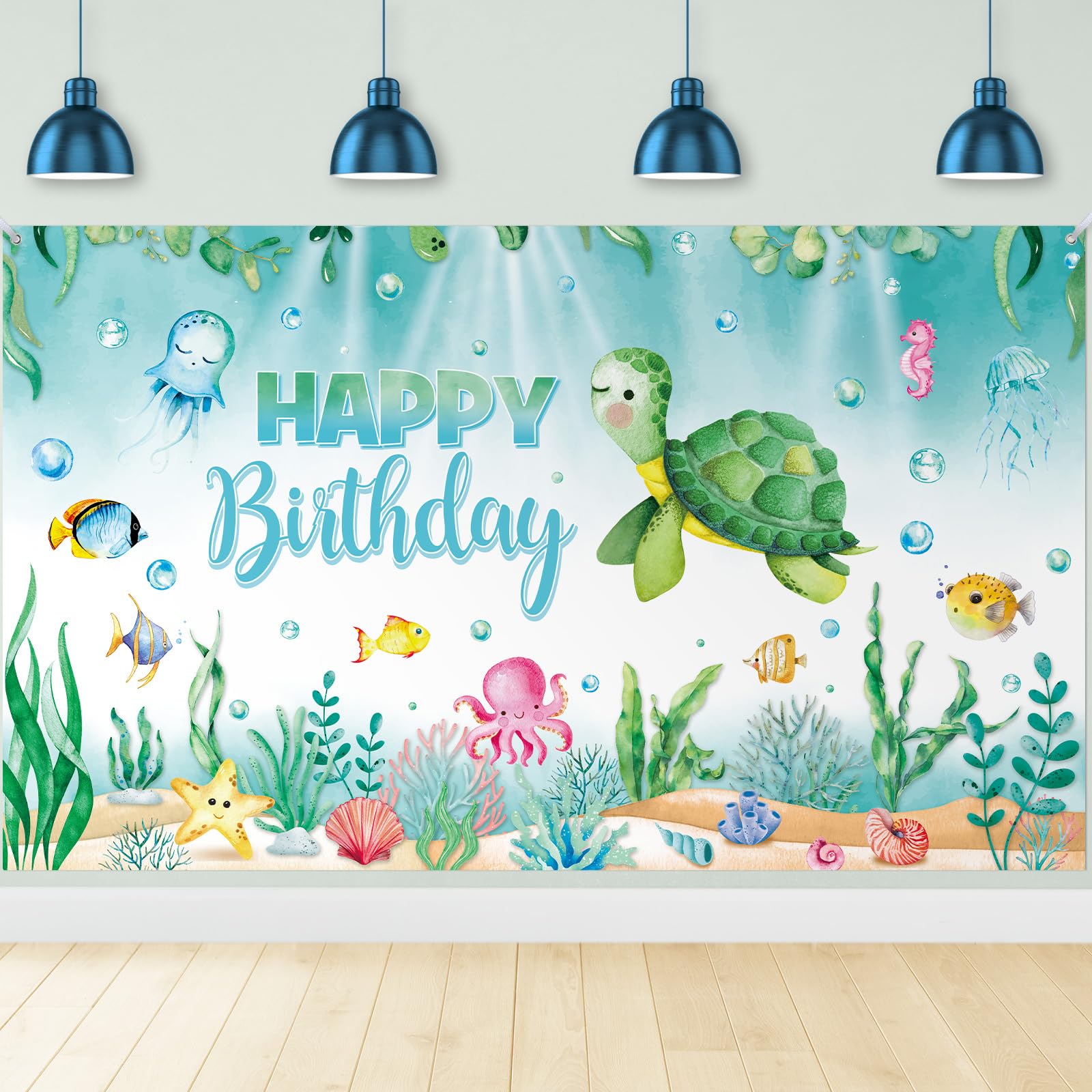 Preboun Ocean Animal Backdrop Ocean Turtle Decorations Ocean Theme Birthday Party Photography Background Banner for Underwater Blue Baby Shower Birthday Party Decorations Supplies, 3.6 x 6 Feet