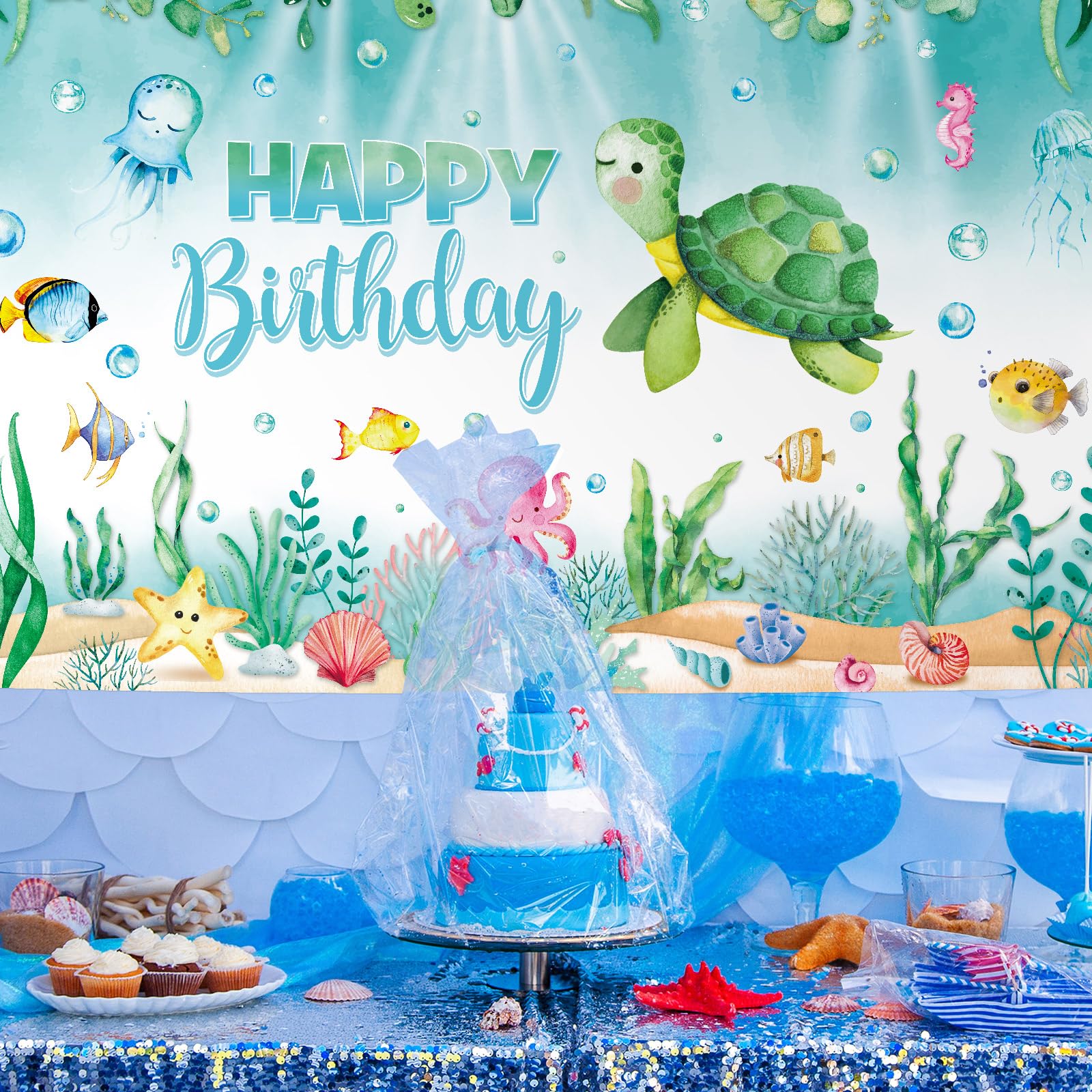 Preboun Ocean Animal Backdrop Ocean Turtle Decorations Ocean Theme Birthday Party Photography Background Banner for Underwater Blue Baby Shower Birthday Party Decorations Supplies, 3.6 x 6 Feet