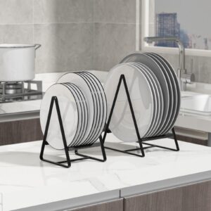 Hikinlichi 2 Large 1 Small Triangle Plate Holders Organizers Upright Cabinet Dish Drying Racks Metal Plate Dish Organizers Racks Stands for Countertop and Cupboard Black