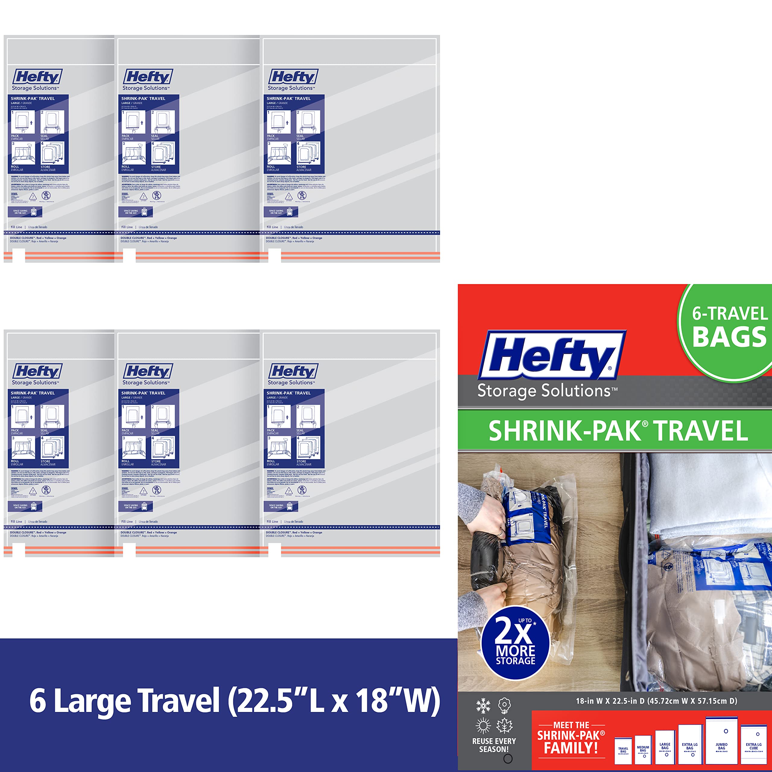 Hefty Shrink-Pak Large Travel Bags - Airtight Storage Bags for Maximum Space Saving, Travel Essentials, Ideal for Travel and Packing, Durable, Reliable Compression Bags with Sealed Protection