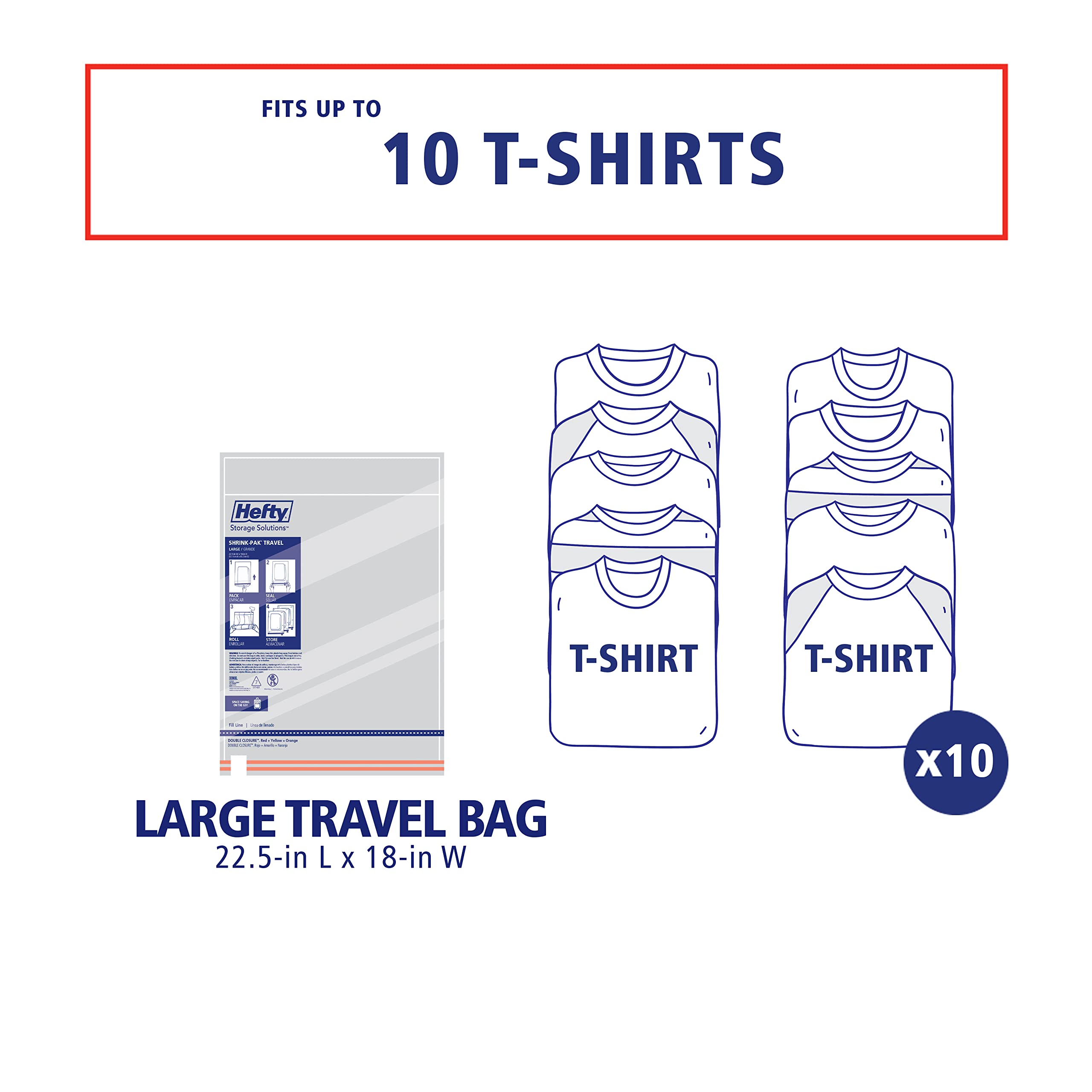 Hefty Shrink-Pak Large Travel Bags - Airtight Storage Bags for Maximum Space Saving, Travel Essentials, Ideal for Travel and Packing, Durable, Reliable Compression Bags with Sealed Protection