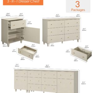 WAMPAT 8 Drawers Dresser Chests for Bedroom, 3-in-1 Modern Beige Wood Closet Storage Organizer Furniture with Door and Adjustable Shelves for Kids Room, Nursery, 94.4x15.3x32.4