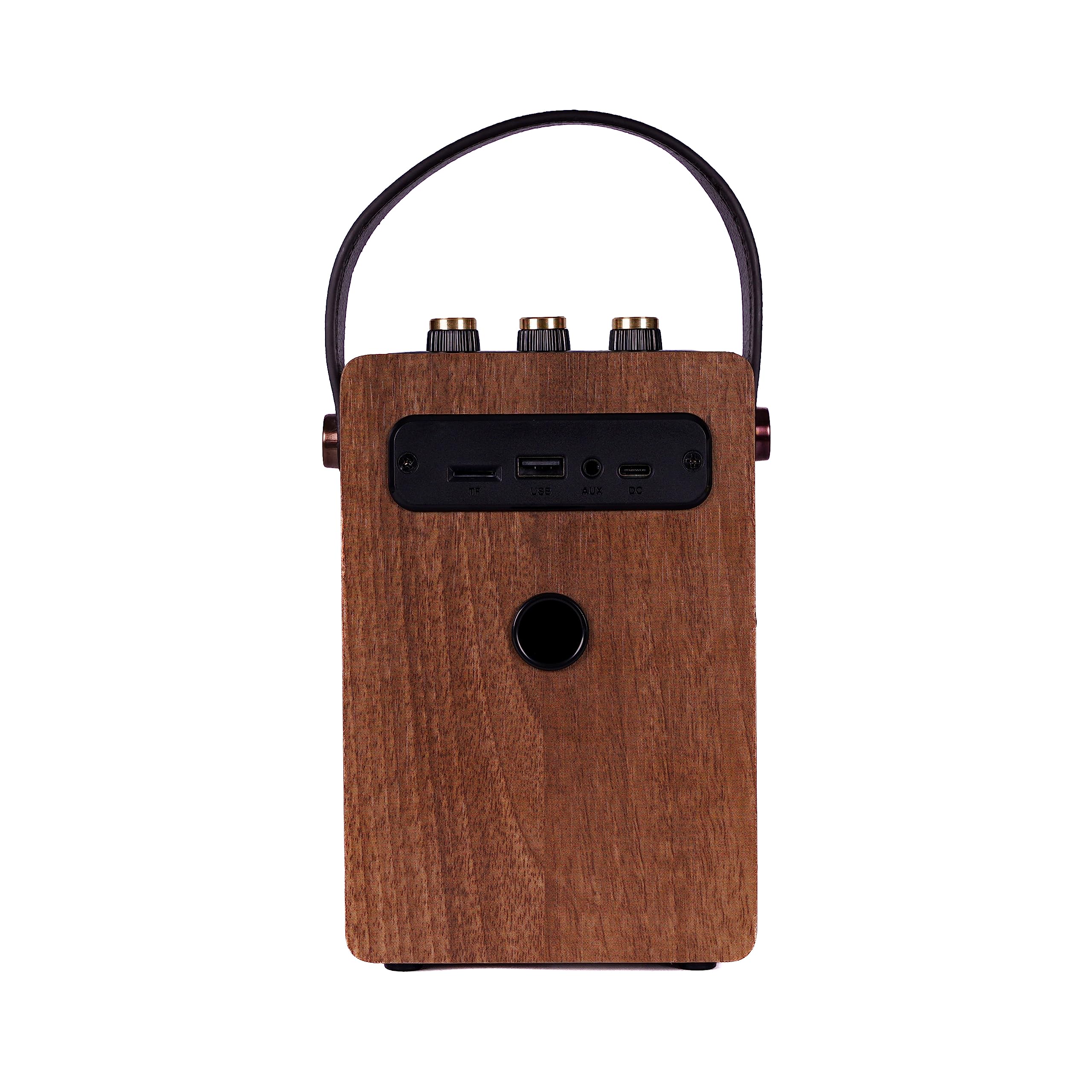 Fuse Andle Vintage Retro Bluetooth Speaker with Vegan Leather Handle | Portable Speaker with Smartphone Connection | USB & AUX Input | Stylish Brown Wood Exterior