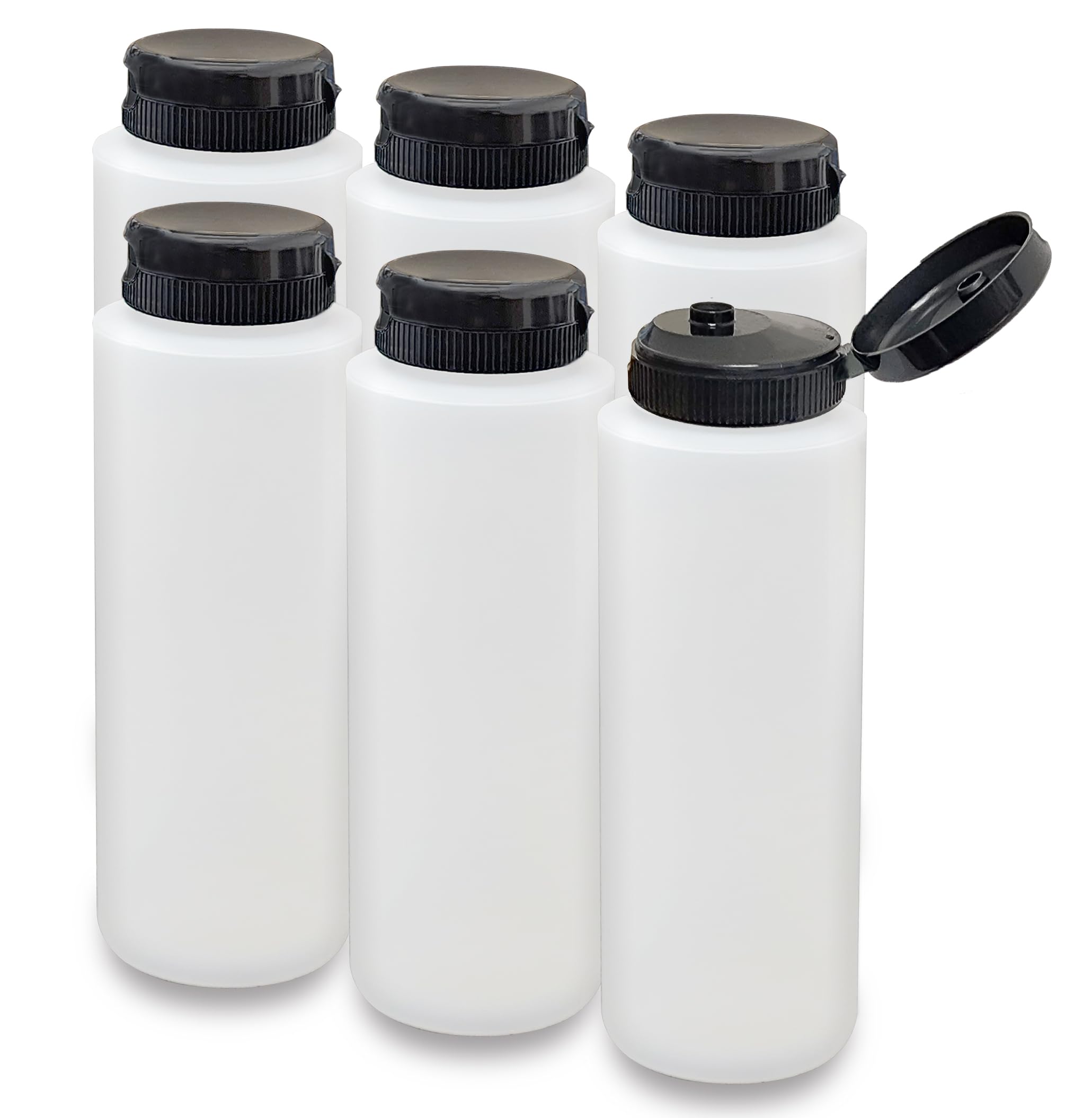 ljdeals 6 Pack 8 oz Plastic Squeeze bottles with Black Flip Top Caps, Wide Mouth for Condiment, Sauces, Multi Purpose, Refillable, Empty Bottles, BPA Free, Made in USA